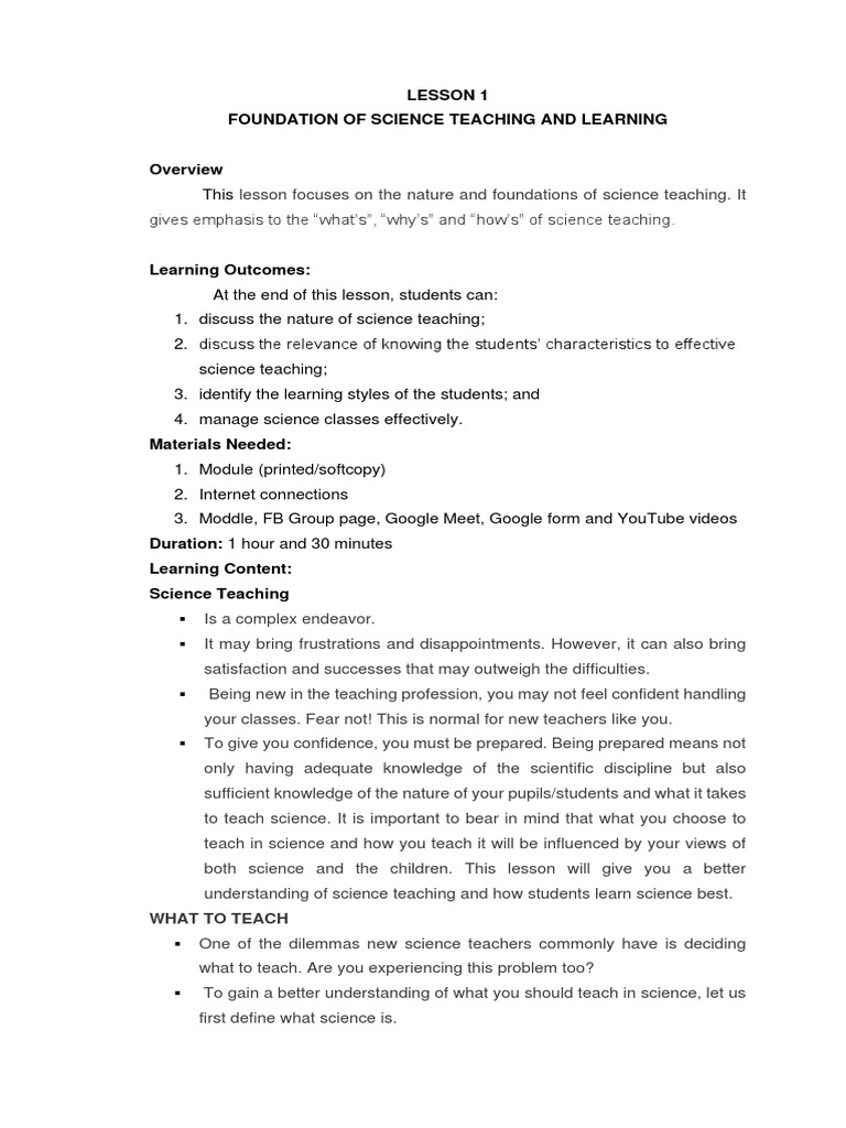 Lesson 1 Foundation of Science Teaching and Learning: What To Teach ...