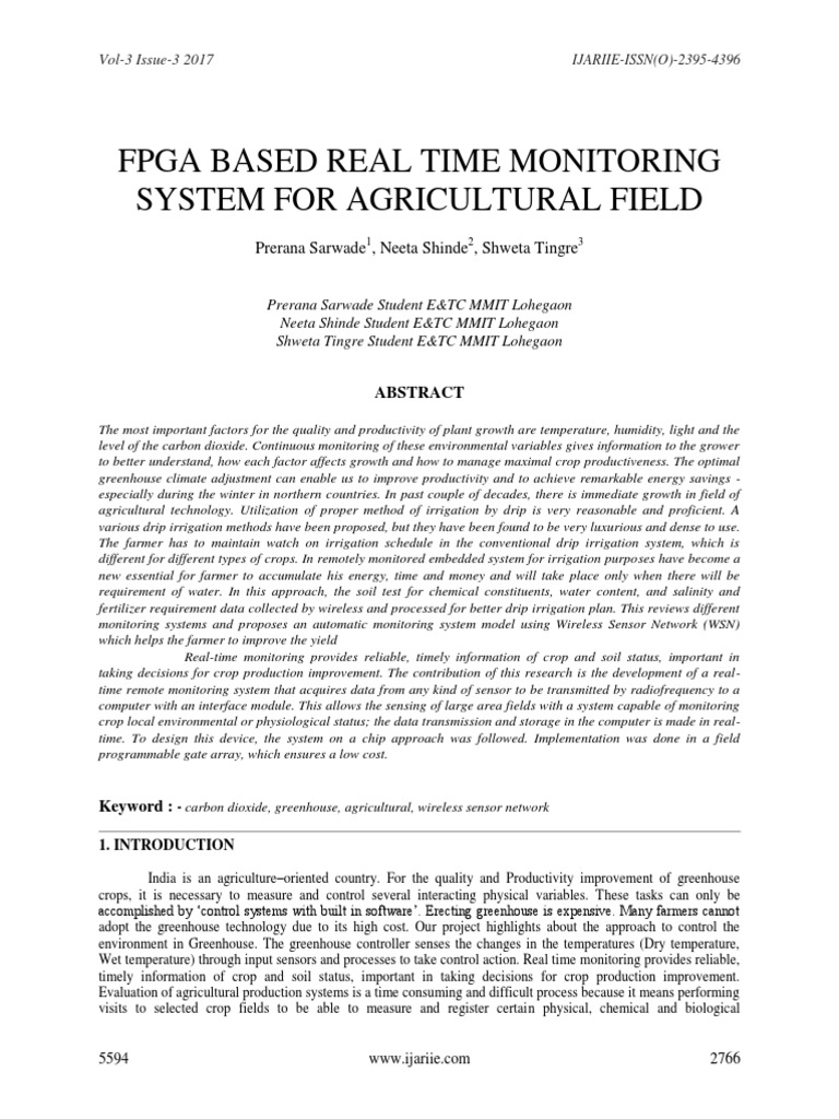 Fpga Based Real Time Monitoring System For Agricultural Field Pdf Sensor Agriculture