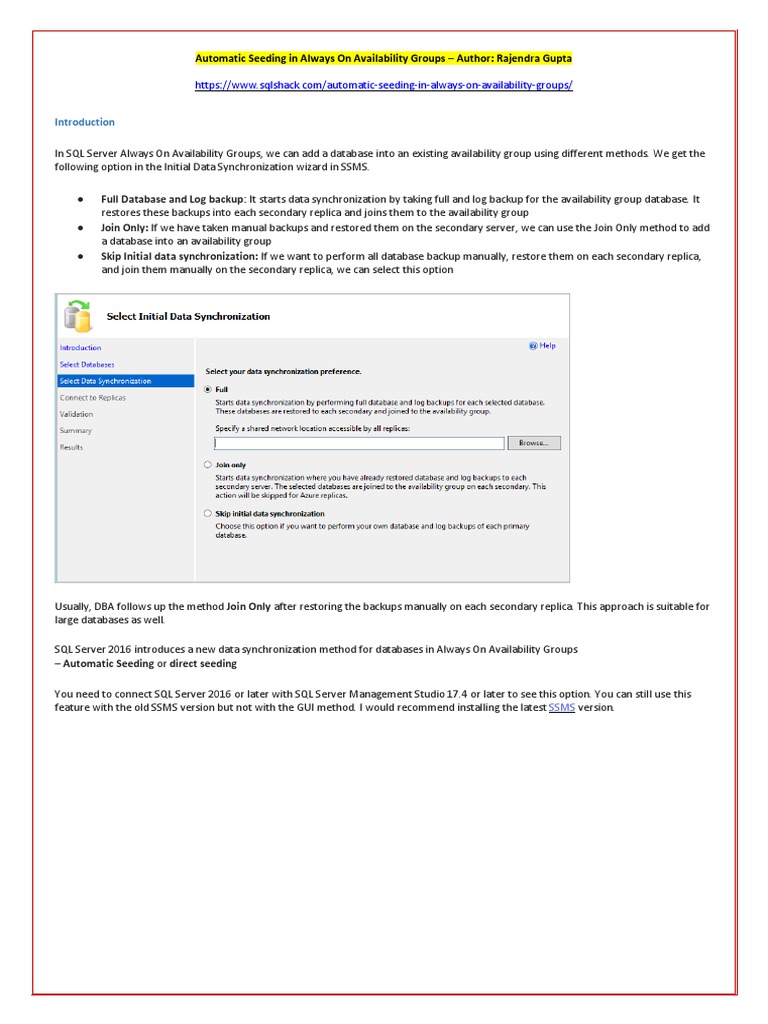 Automatic Seeding in Always On Availability Groups 1598681906 | PDF ...