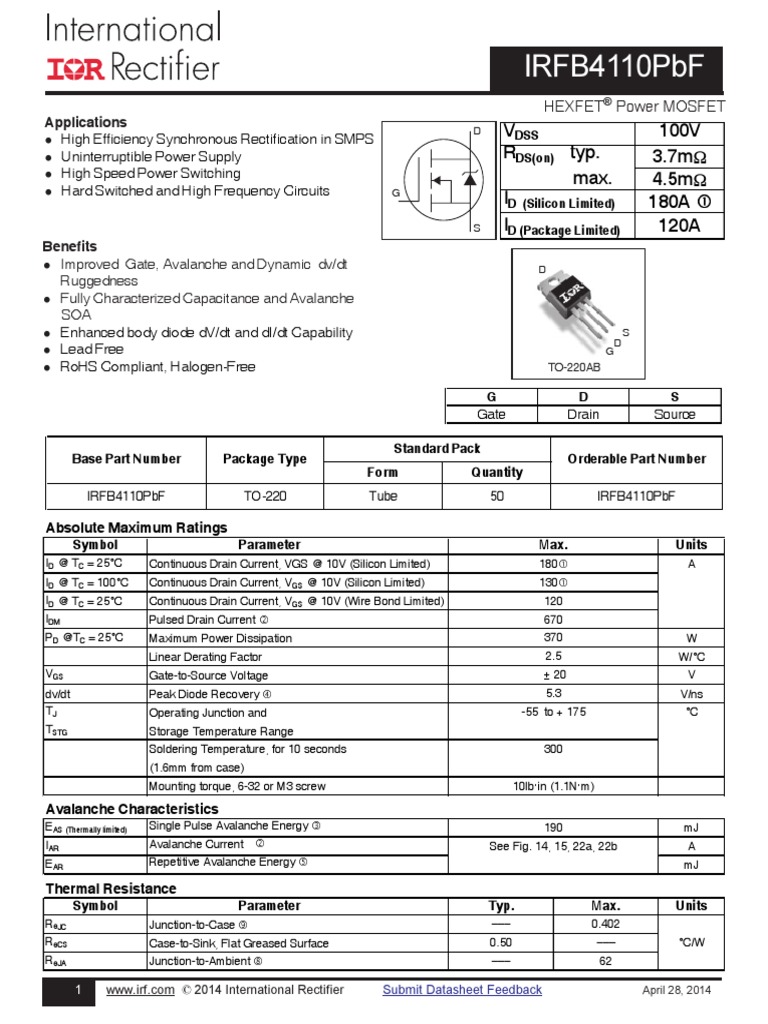 Infineon IRFB4110 DataSheet v01 01 En-1732544 | Download Free PDF ...