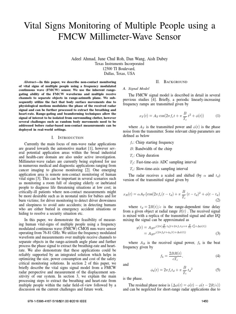 Vital Signs Monitoring of Multiple People Using A FMCW Millimeter-Wave Sensor | PDF | Spectral ...