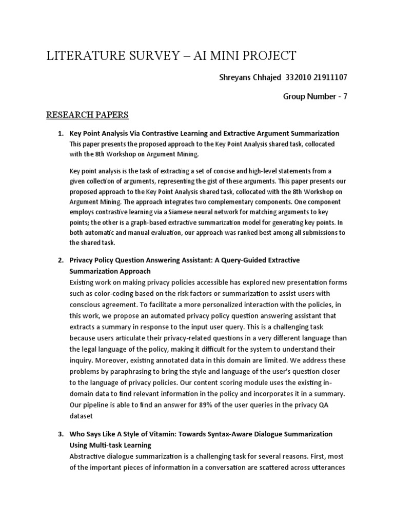 Literature Survey - Ai Mini Project: Research Papers | PDF | Cognition ...