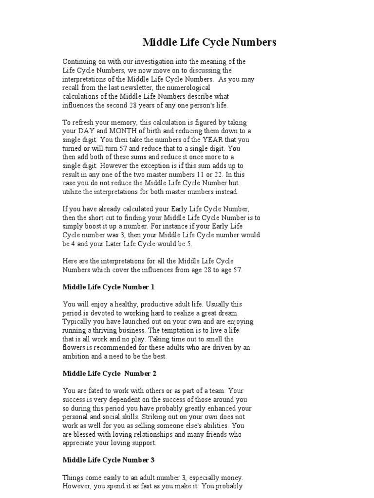 Middle Life Cycle Numbers | PDF | Friendship | Psychology