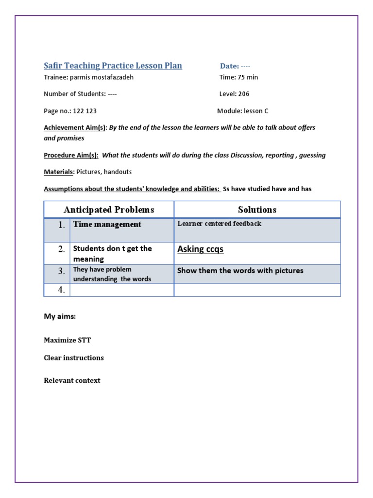 Anticipated Problems Solutions: Safir Teaching Practice Lesson Plan ...