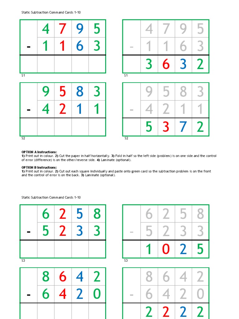 Static Subtraction Command Cards | PDF