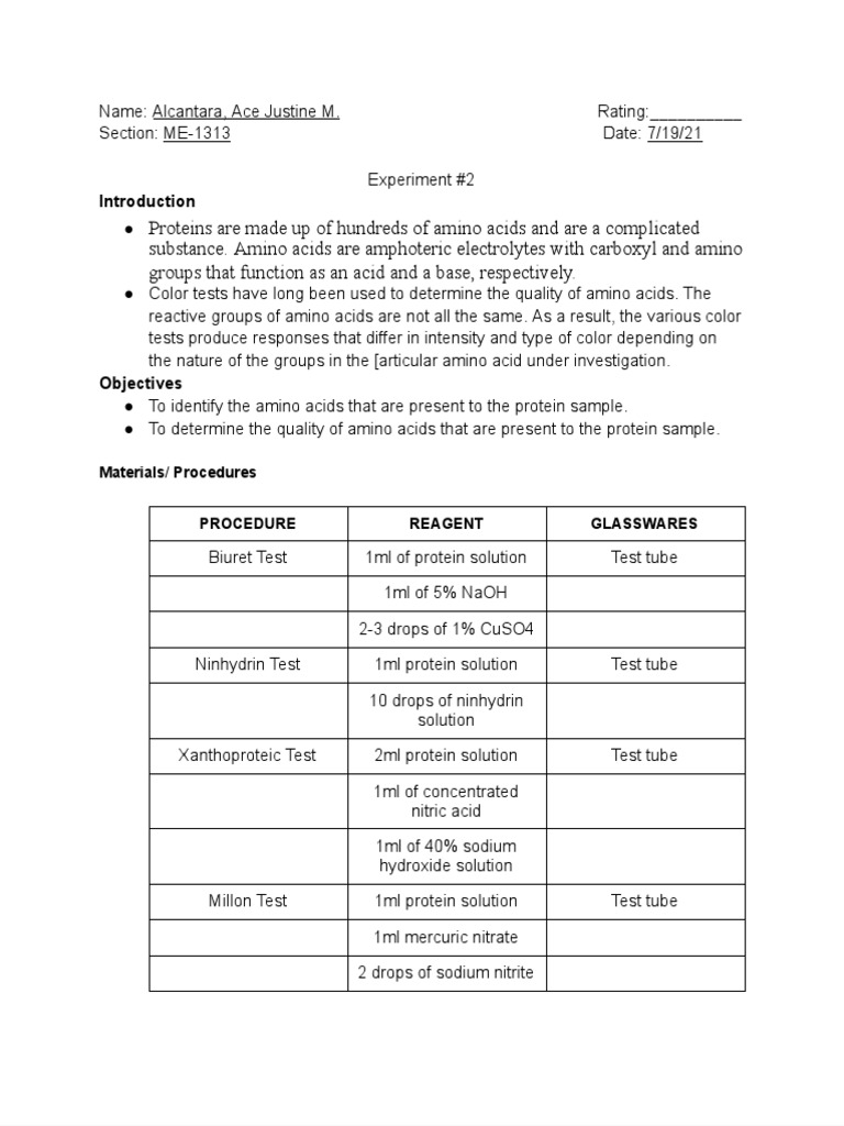 Experiment No. 2 Qualitative Determination of Protein and Amino Acids ...
