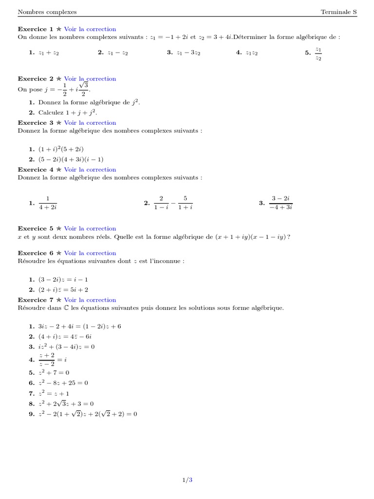 Exercices sur les Nombres Complexes | PDF | Entier relatif | Nombre complexe