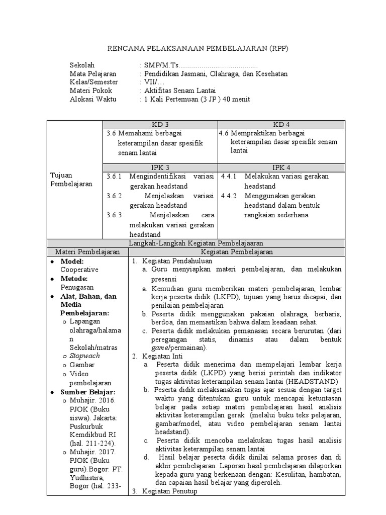 RPP 1 Lembar Headstand KD 3.6-4.6 Senam Lantai | PDF