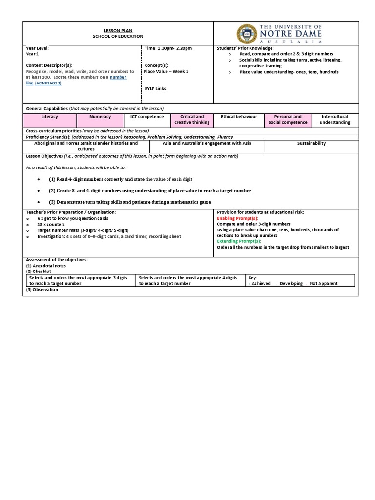 Year 1 Place Value Lesson Plan | PDF | Teachers | Lesson Plan