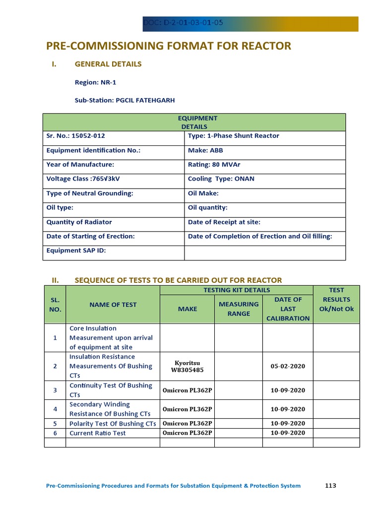 Pre-Commissioning Format For Reactor: I. General Details | PDF | Vacuum ...