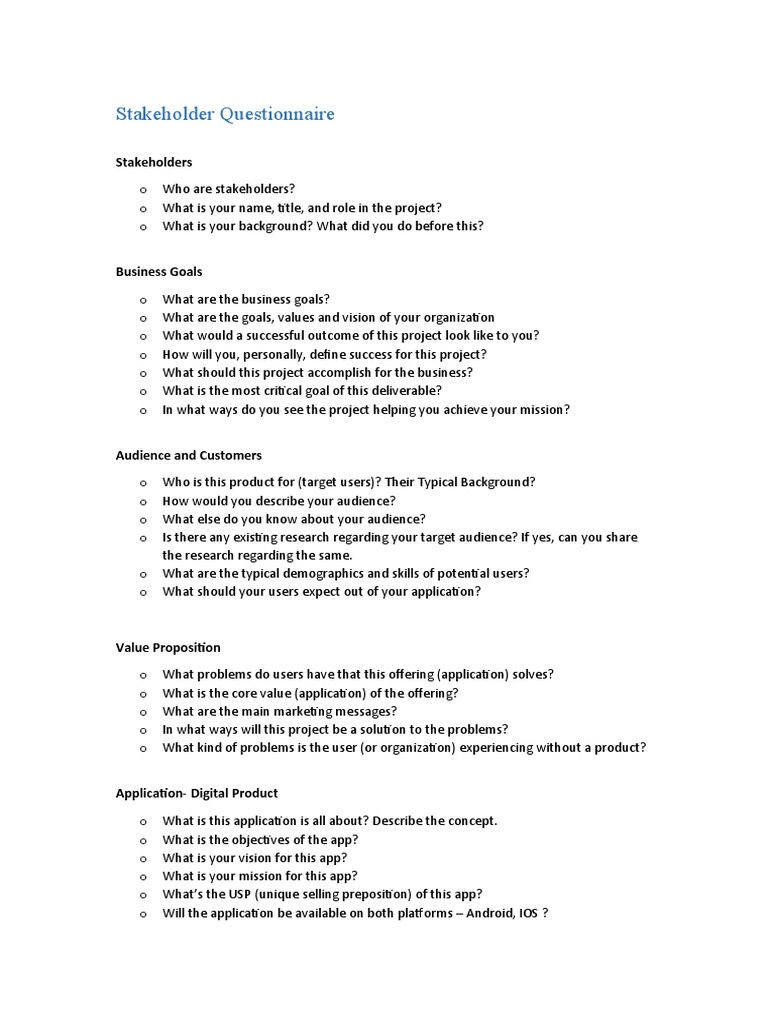 Stakeholder Questionnaire: Stakeholders | PDF | Mobile App ...