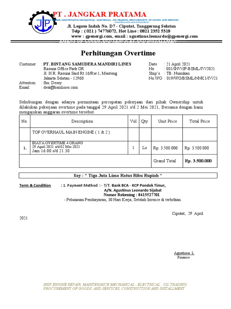 Perhitungan Overtime PT. Jangkar Pratama | PDF