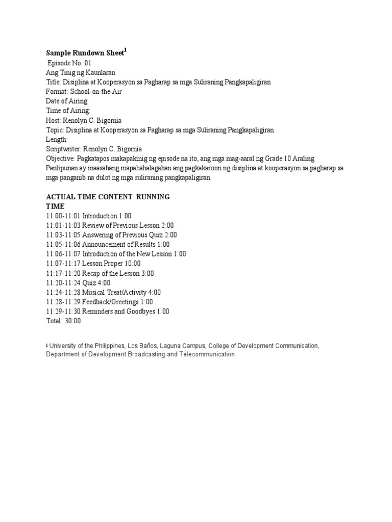 Sample Rundown Sheet: Actual Time Content Running Time | PDF