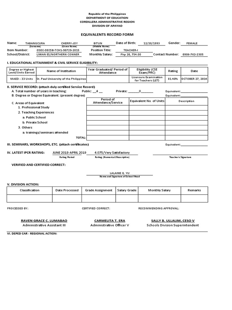 Equivalents Record Form | PDF | Bachelor Of Science | Teachers