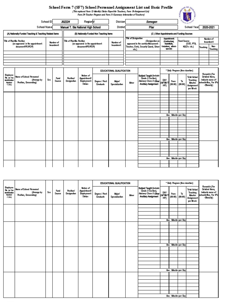 School Form 7 (SF7) School Personnel Assignment List and Basic Profile ...