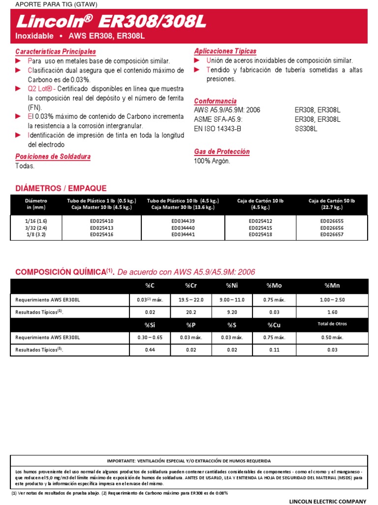 Lincoln ER308 308L TIG - ES MX | PDF | Construcción | Soldadura