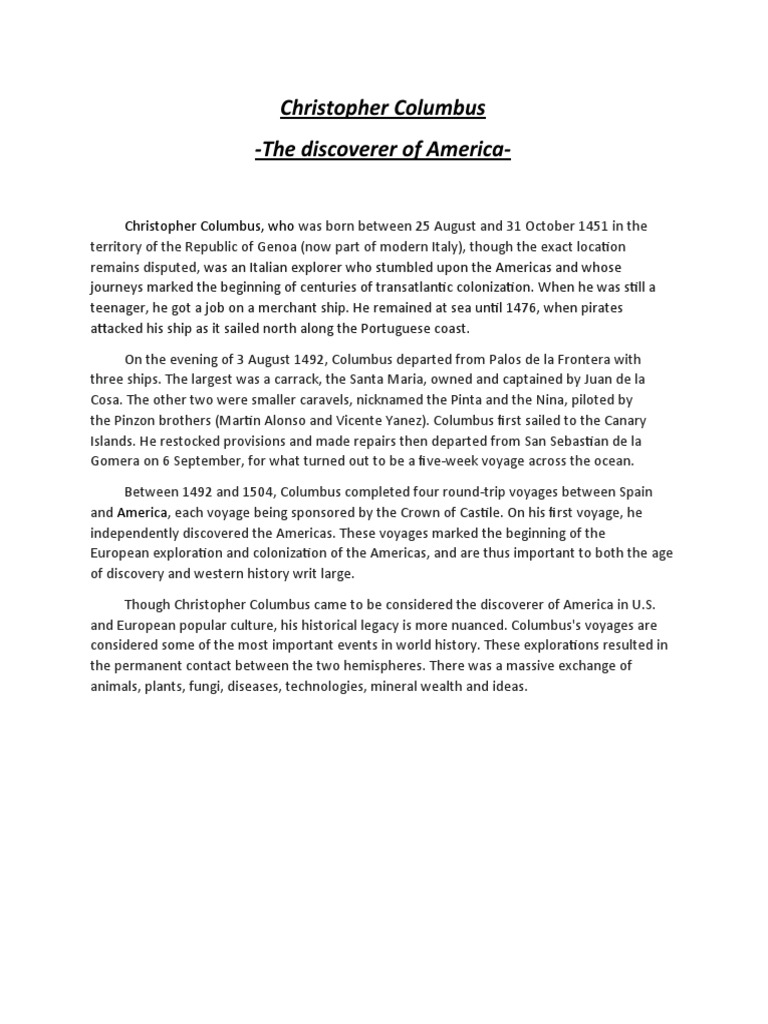 Christopher Columbus - The Discoverer of America | PDF