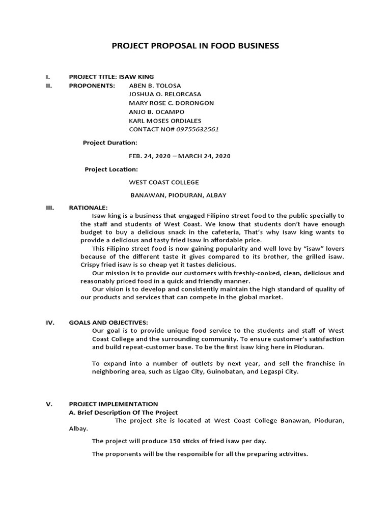 Project Proposal in Food Business | PDF | Foods | Food And Drink
