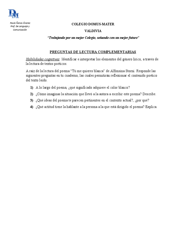 Análisis del poema "Tú me quieres blanca" | PDF
