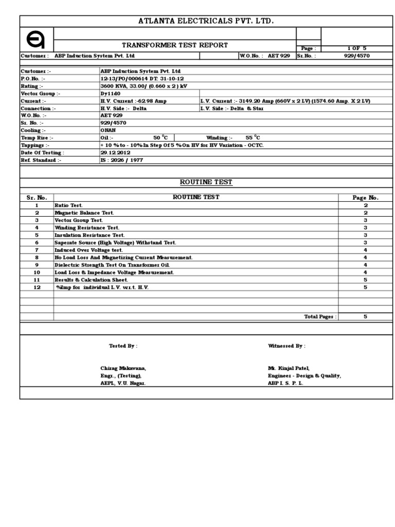 Atlanta Electricals Pvt. LTD.: Transformer Test Report | PDF ...