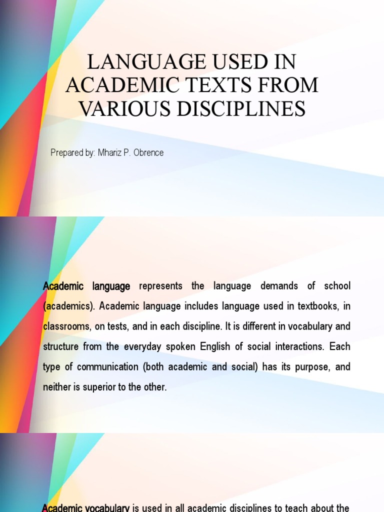 Language Used in Academic Texts From Various Disciplines: Prepared By ...