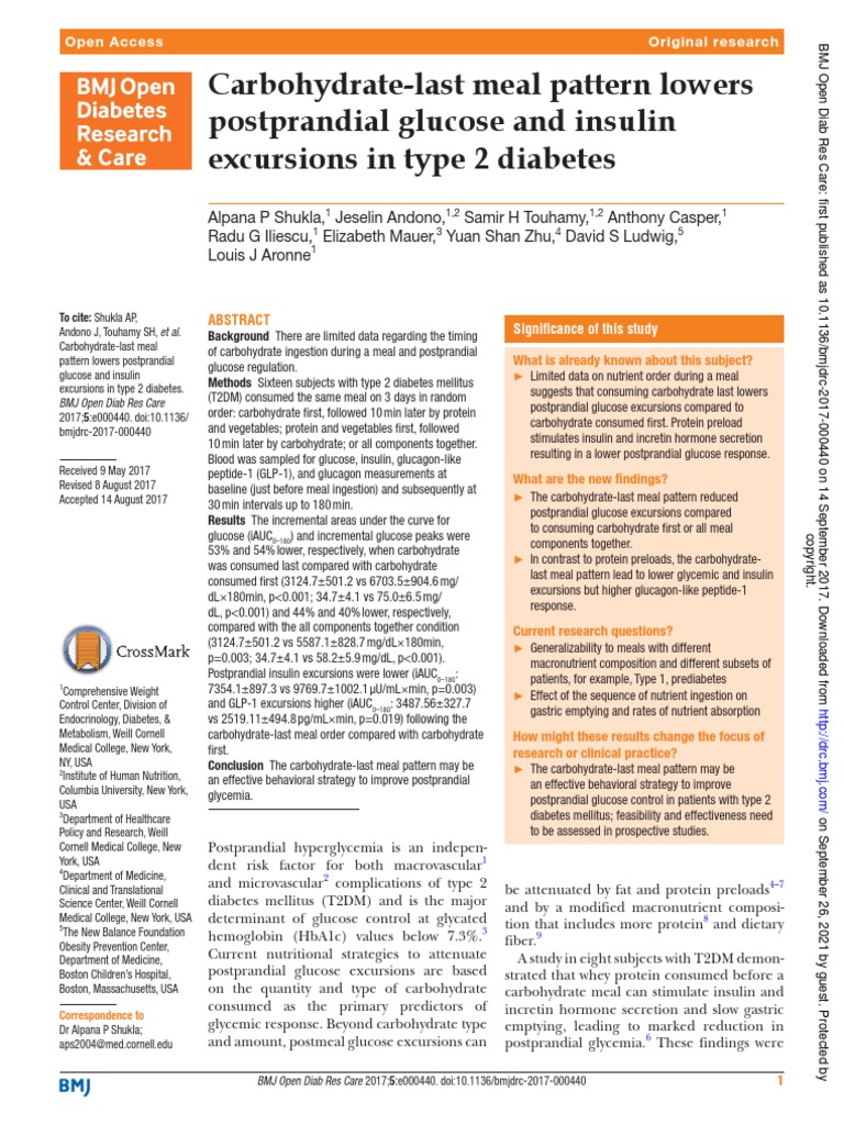 Carbohydrate-Last Meal Pattern Lowers Postprandial Glucose and Insulin Excursions in Type 2 ...