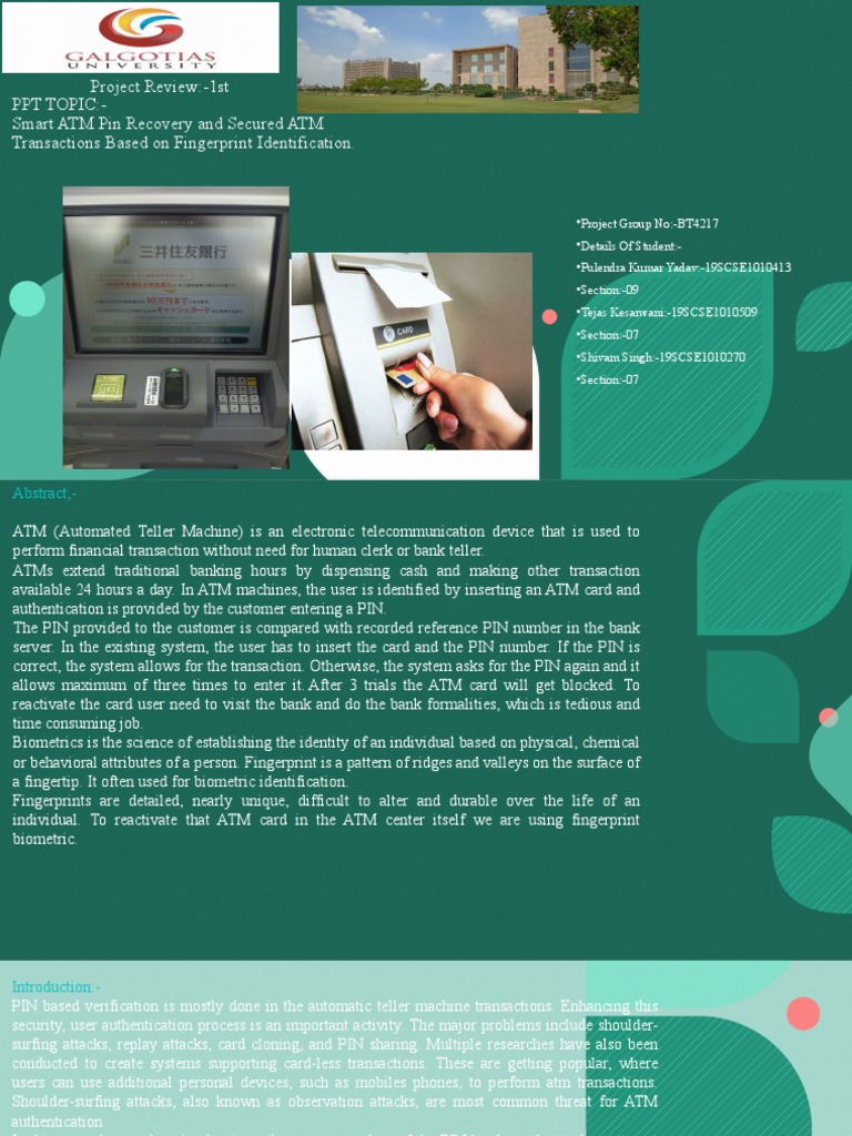 Project Review:-1st PPT Topic:-Smart ATM Pin Recovery and Secured ATM ...