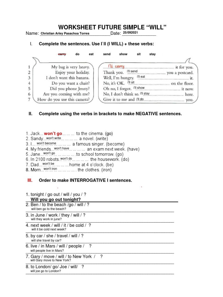 Worksheet Future Simple "WILL": Completar Las Oraciones. Usar I'll (I ...