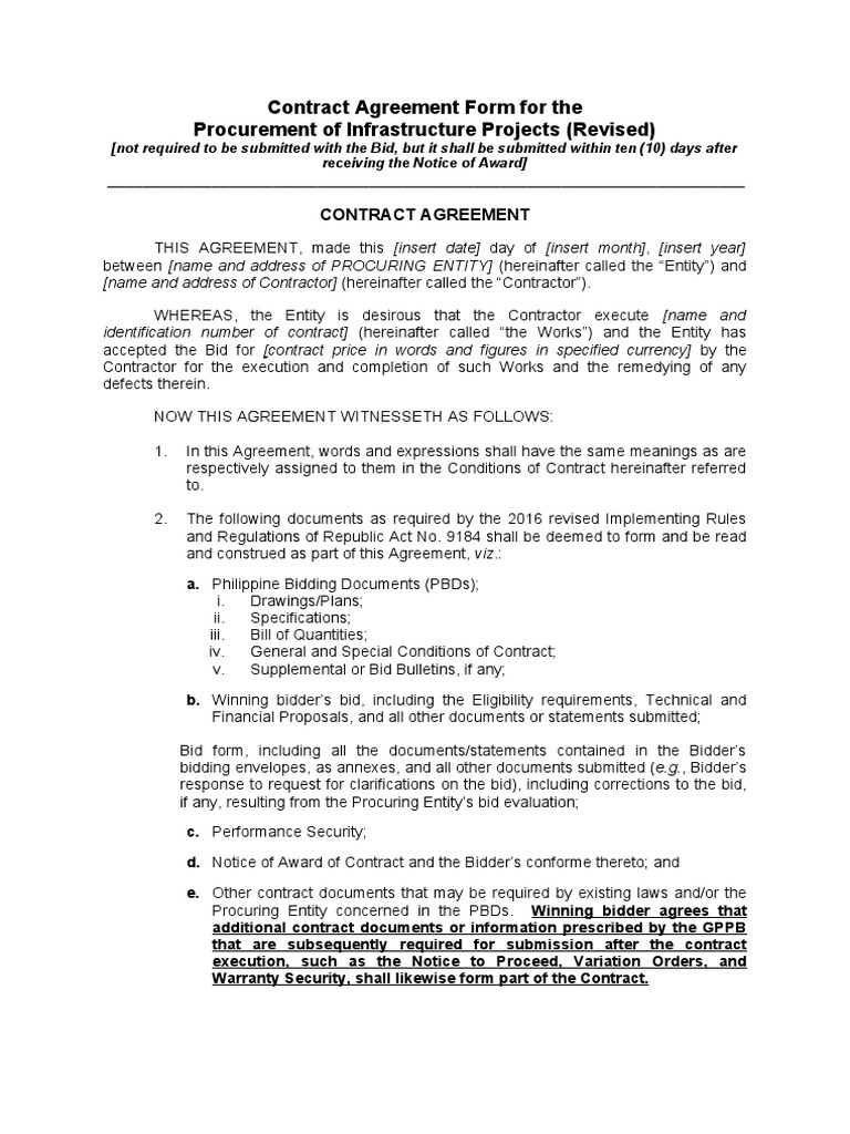 Contract Agreement Form For The Procurement of Infrastructure Projects ...