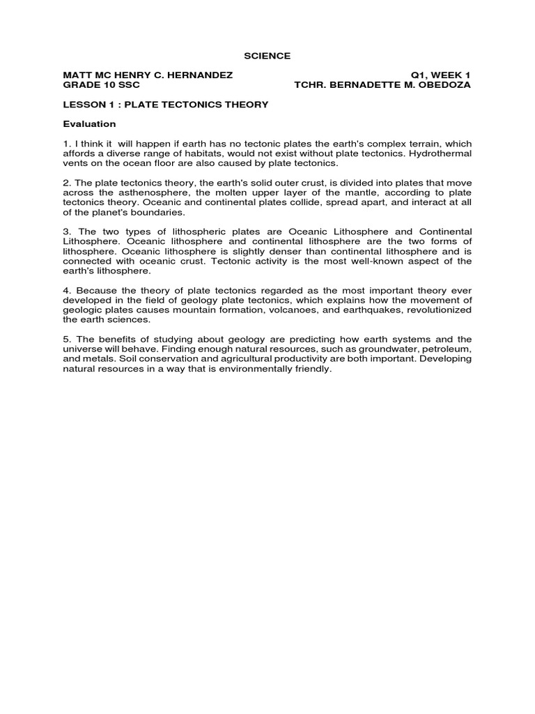 Answer Key Grade 10 Science Module 1 q1 Week 1 | PDF | Plate Tectonics ...