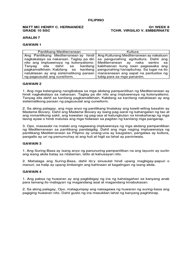 Answer Key Grade 10 Filipino Modyul 8 Q1 Week 8 | PDF