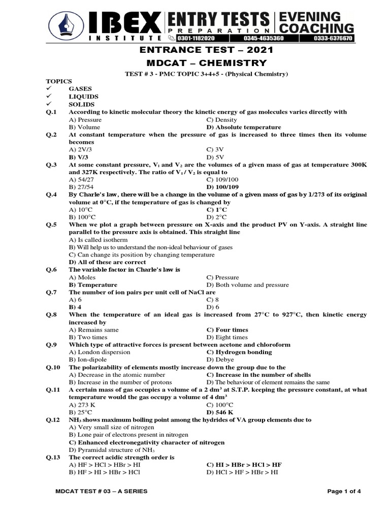 Test 03 - Gases, Liquids and Solids - TC - A Series | PDF | Gases | Liquids
