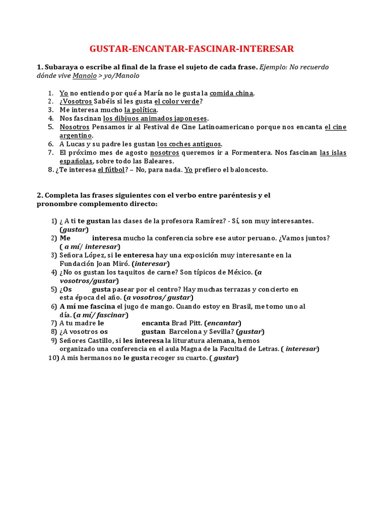 Esercizio Gustar, Encantar, Fascinar e Interesar | PDF