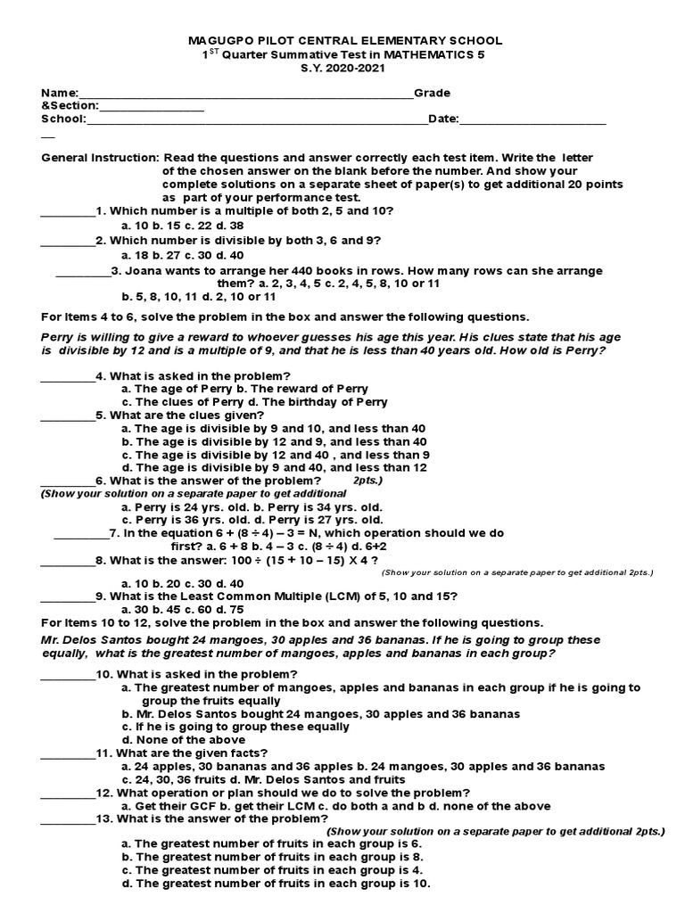 1ST Quarter Math Summative Test Grade 5 | PDF | Mathematics