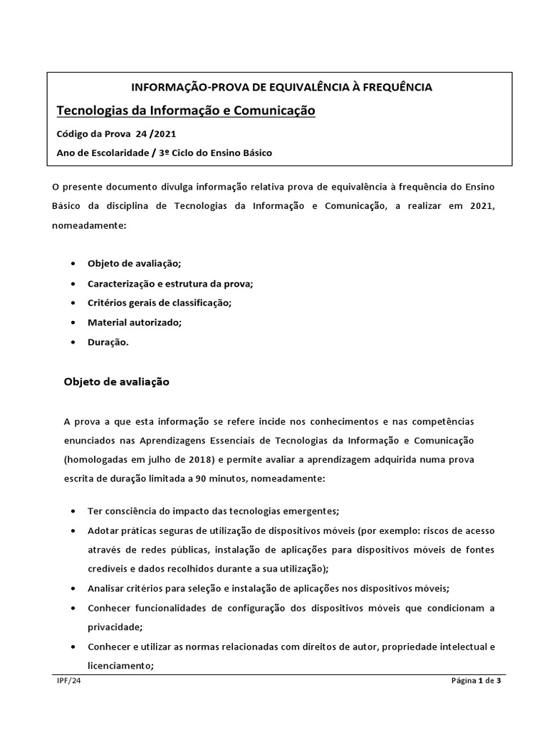 Informação Prova 24 - 3º Ciclo | PDF | Tecnologia da Informação e ...