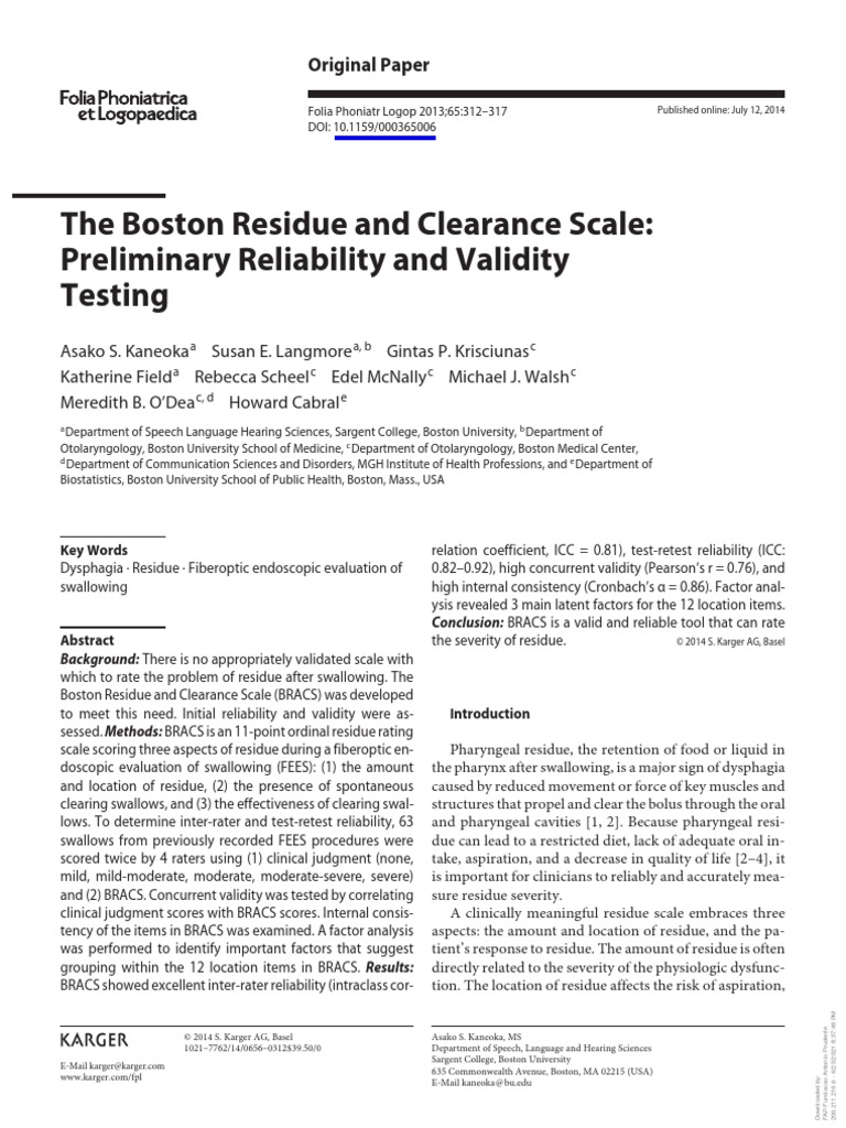 The Boston Residue and Clearance Scale: Preliminary Reliability and ...