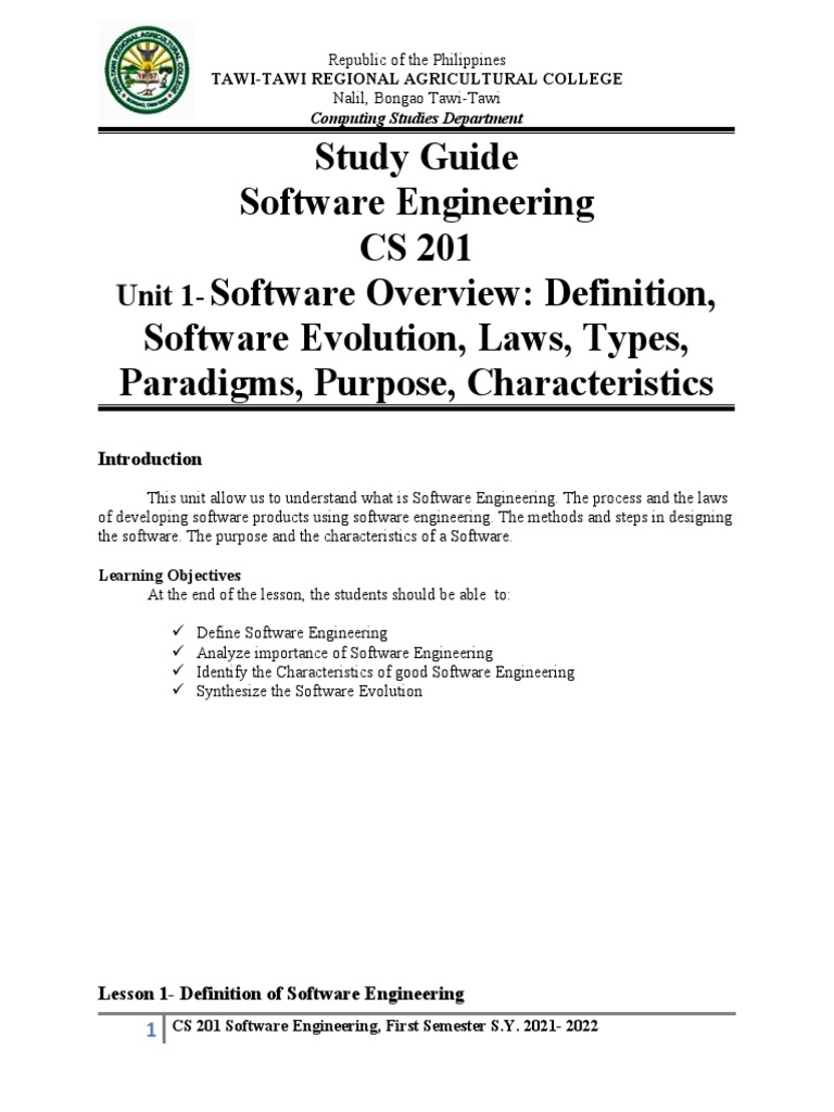 Study Guide Software Engineering Cs 201 Software Overview Definition
