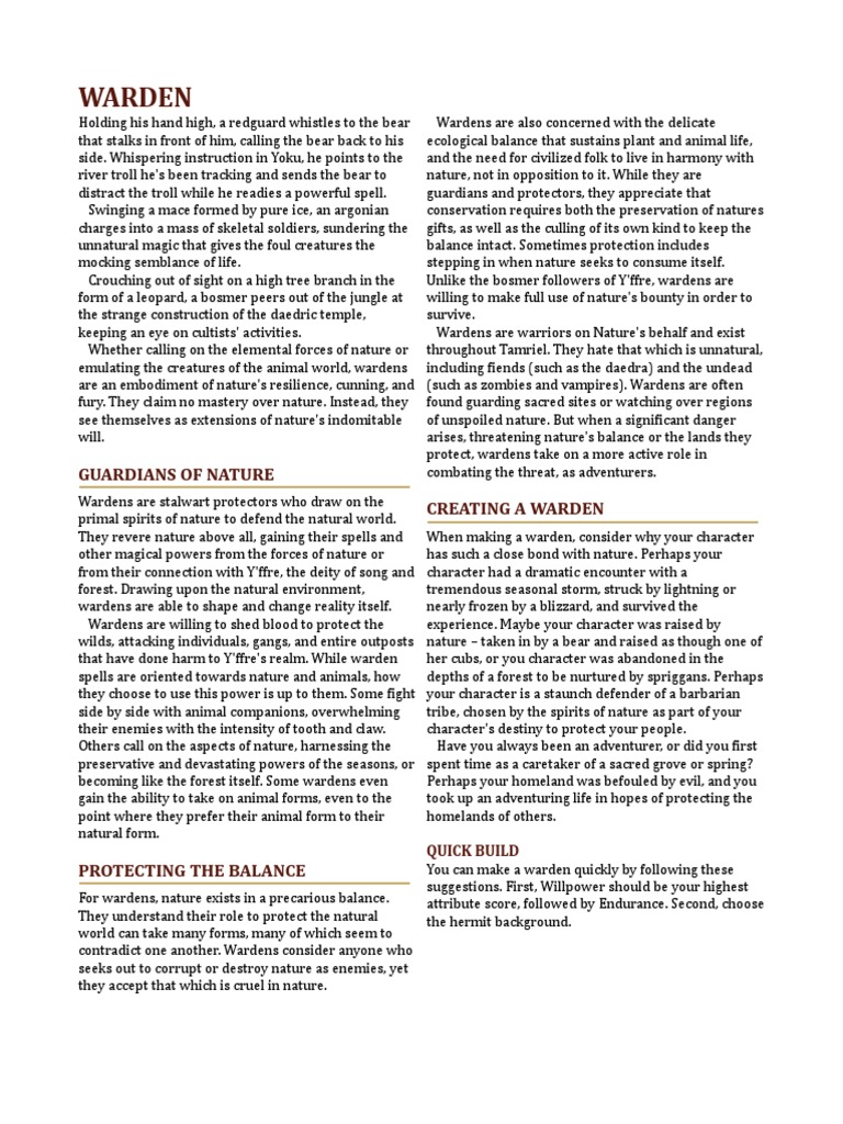 Elder Scrolls 5e Warden Class | PDF