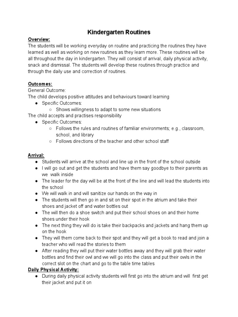 Kindergarten Routines 1 | PDF | Classroom | Teachers