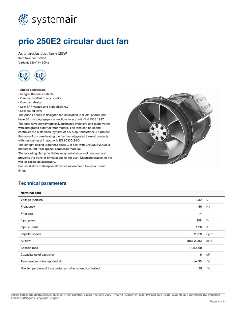 Systemair Prio 250E2 Circular Duct Fan | PDF | Capacitor | Duct (Flow)