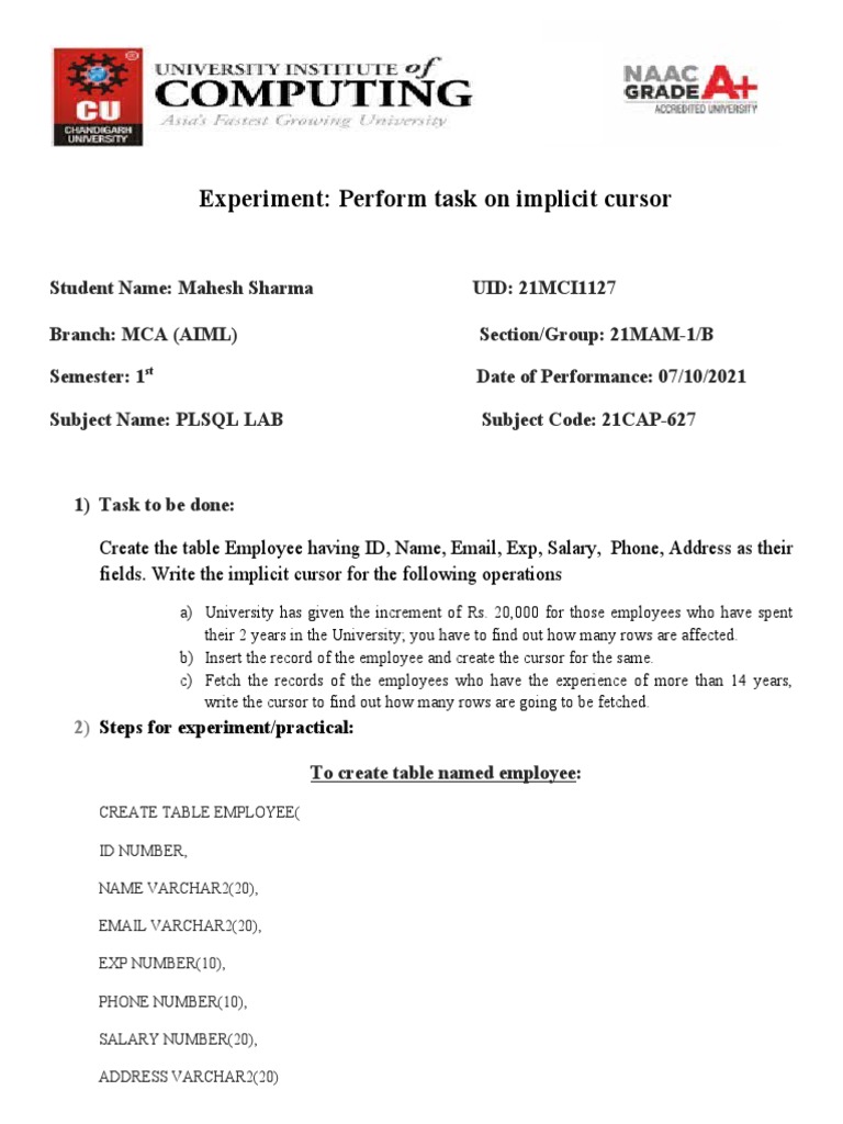Experiment: Perform Task On Implicit Cursor | PDF | Software Engineering | Computing