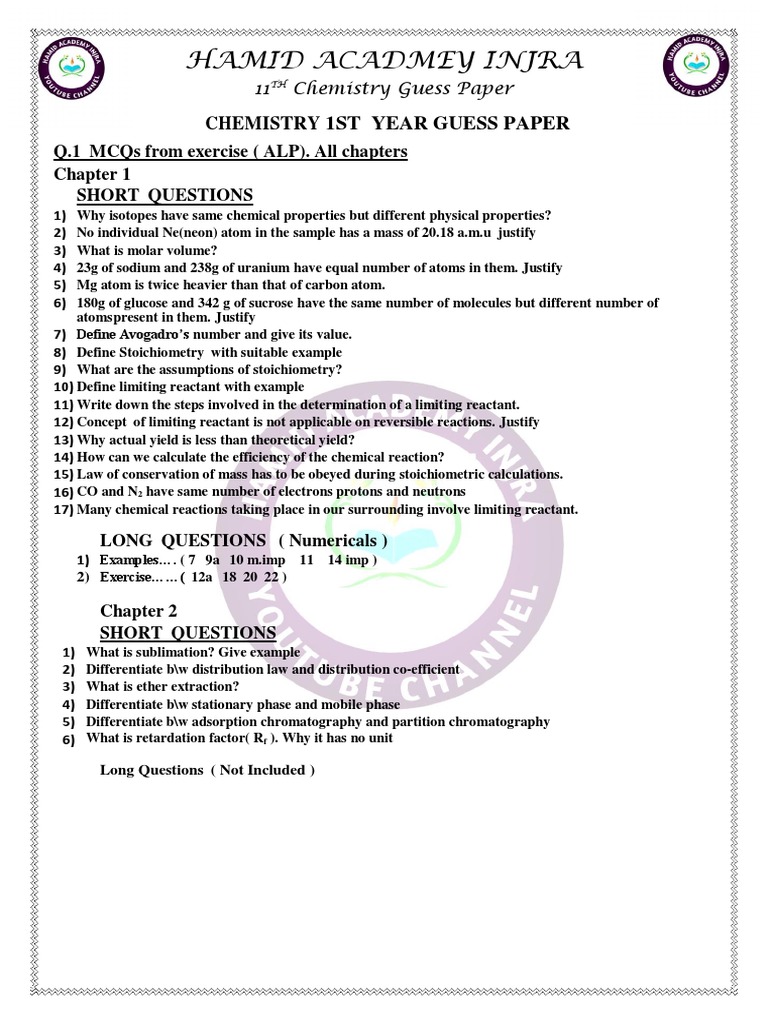 1st Year Chemistry Guess | PDF | Electron | Chemical Bond