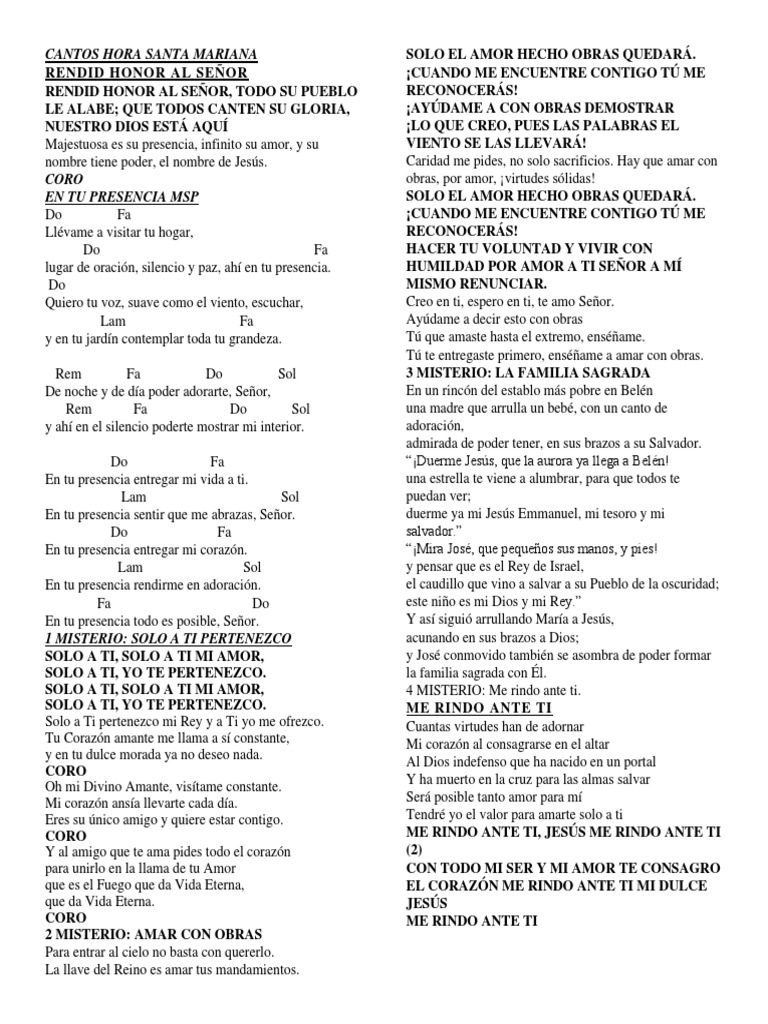 Cantos Hora Santa Mariana | PDF | Amor | María, madre de Jesús