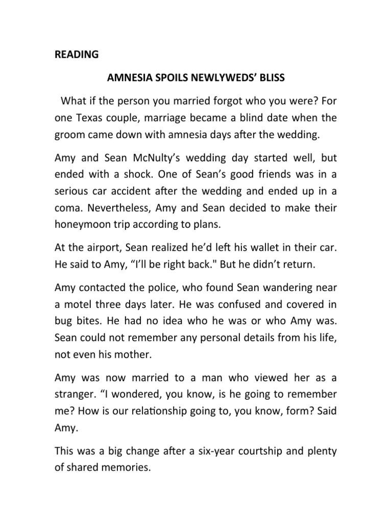 Reading Amnesia Spoils Newlyweds' Bliss | PDF | Memory | Actor