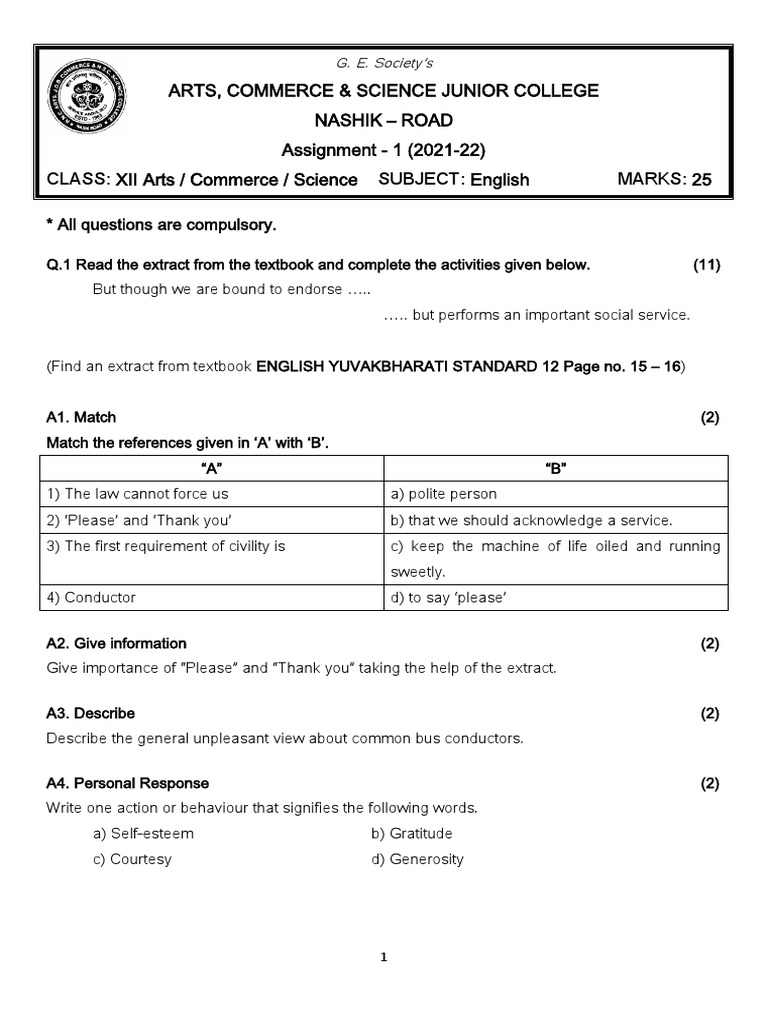 Arts, Commerce & Science Junior College Nashik - Road Assignment - 1 ...