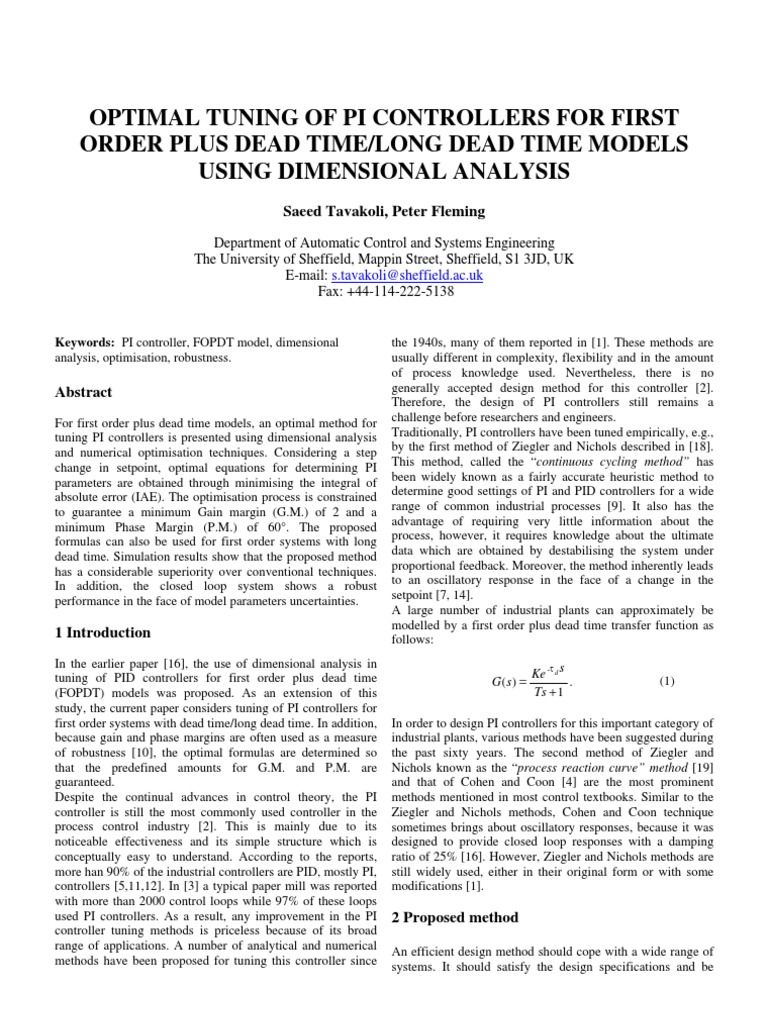 Optimal Tuning of Pi Controllers For First Order Plus Dead Time/Long Dead Time Models Using ...