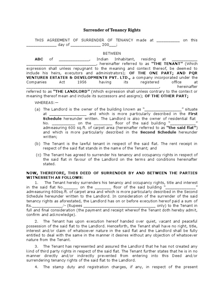 Surrender of Tenancy Rights | PDF | Leasehold Estate | Landlord