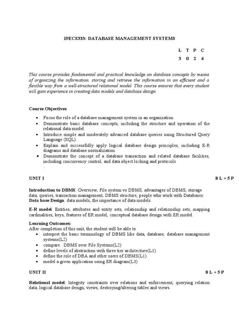 19ECS333 DBMS Syllabus | PDF | Databases | Relational Model
