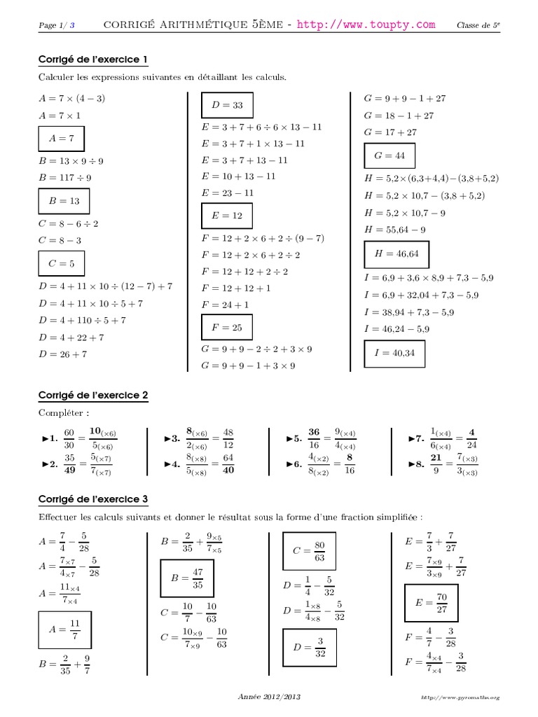 Exercice Arithmetique 5eme 1 Corrige | PDF | Grandeur physique