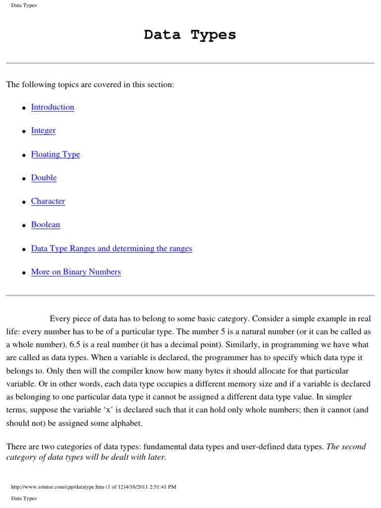 Data Types Category Of Data Types Will Be Dealt With Later Pdf Integer Computer Science 5855